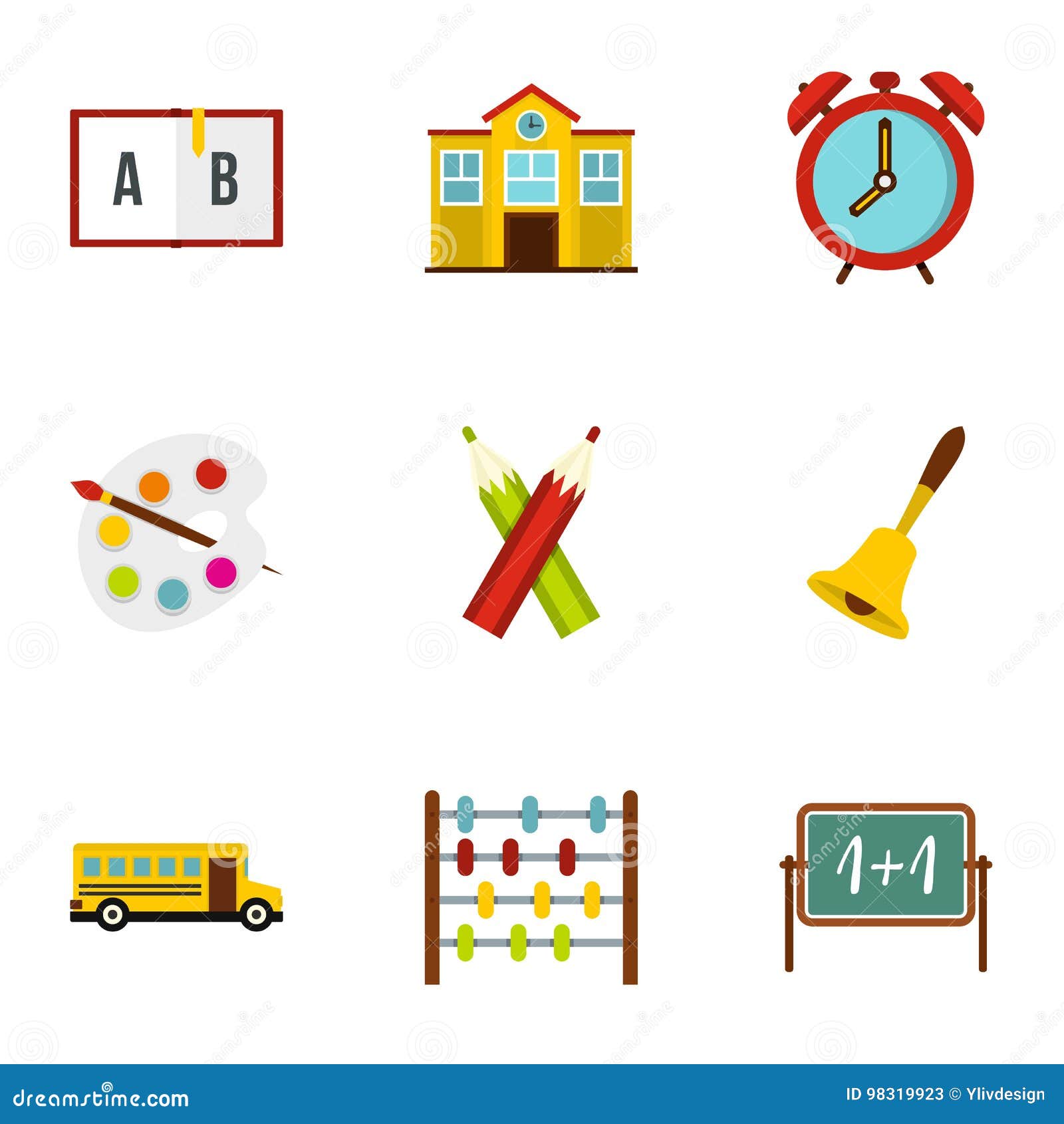 Primary School Icons Set, Flat Style Stock Vector - Illustration of ...