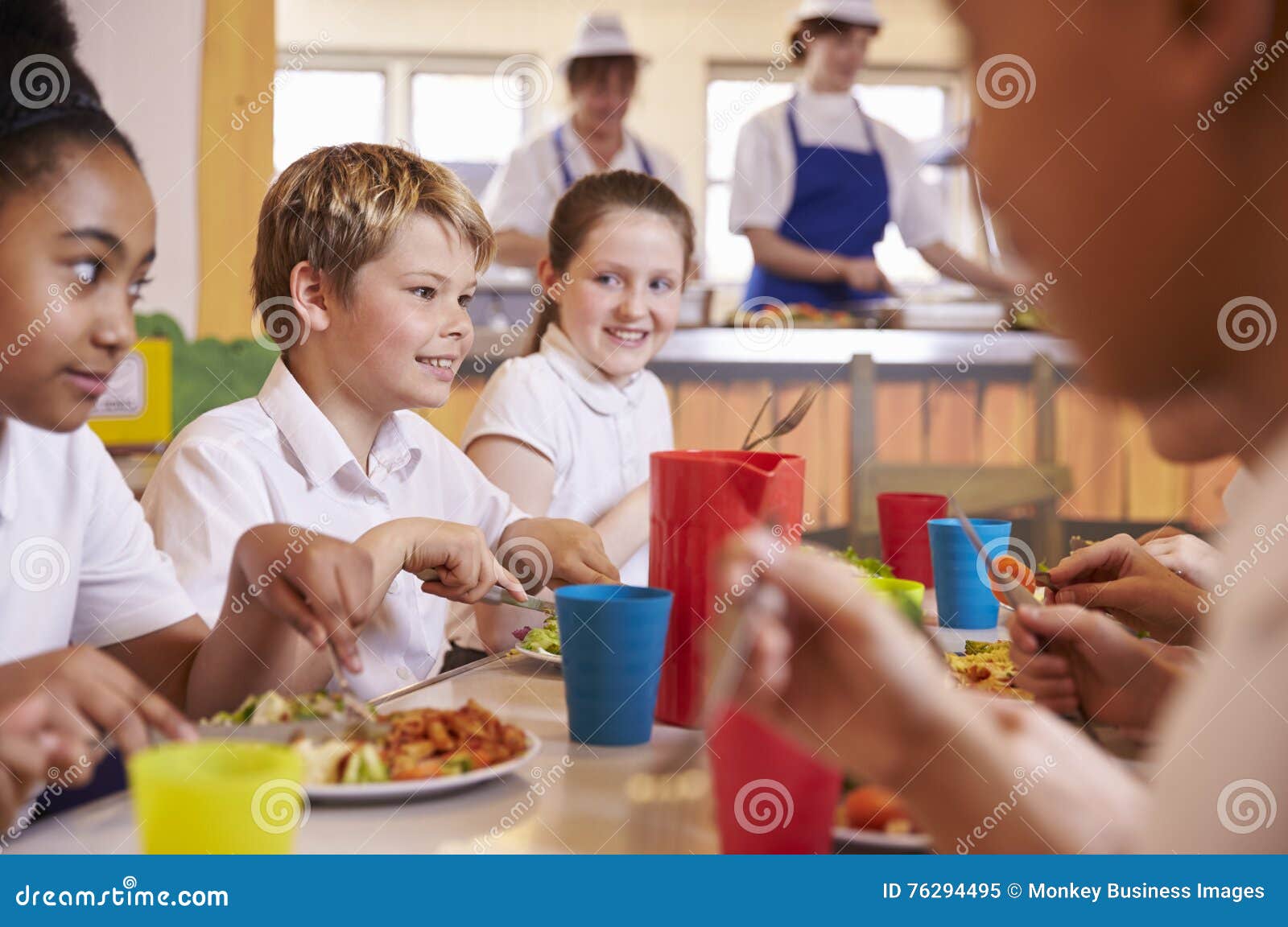 Primary School Kids at a Table in School Cafeteria, Close Up Stock ...