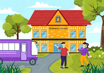 Primary School Vector Illustration of Students Children and School ...