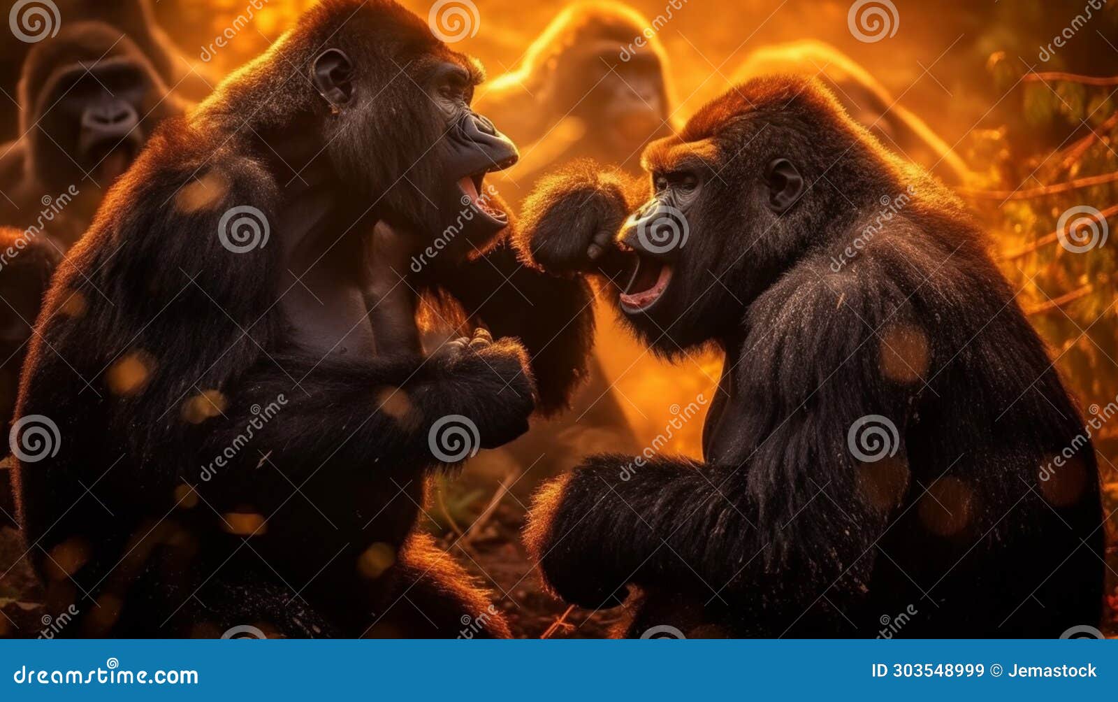 Primate Family Sitting in the African Rainforest, Eating and Playing ...