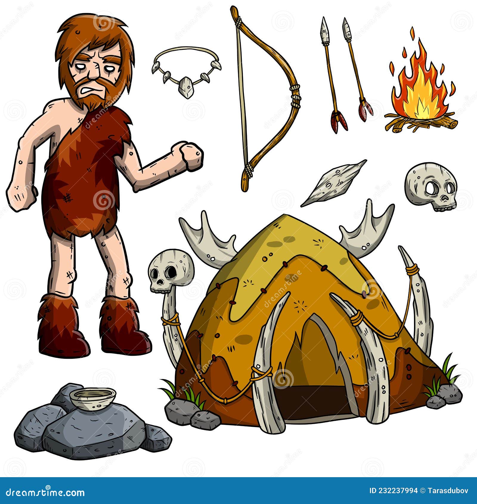 Primitive Caveman. Prehistoric Hunter. Stone Age. Set of Cartoon Object ...