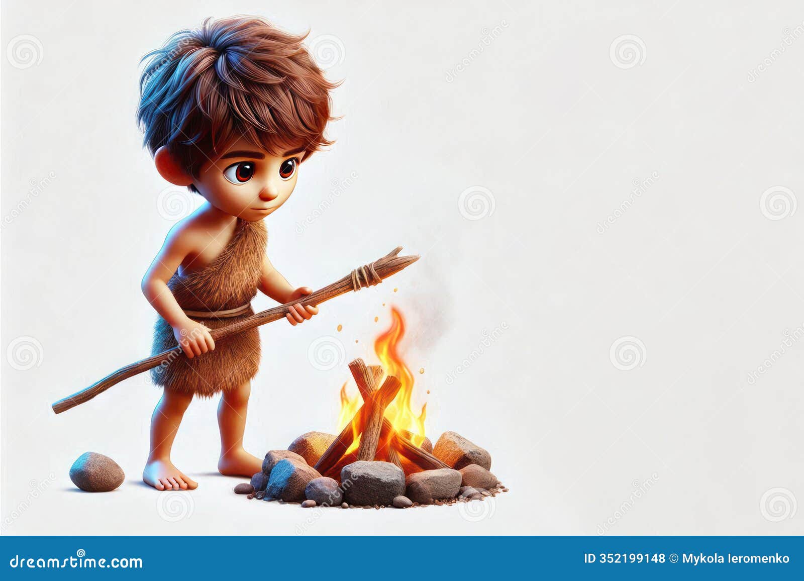 A Primitive Child at the Fire with a Spear. Space for Text. Stock Photo ...