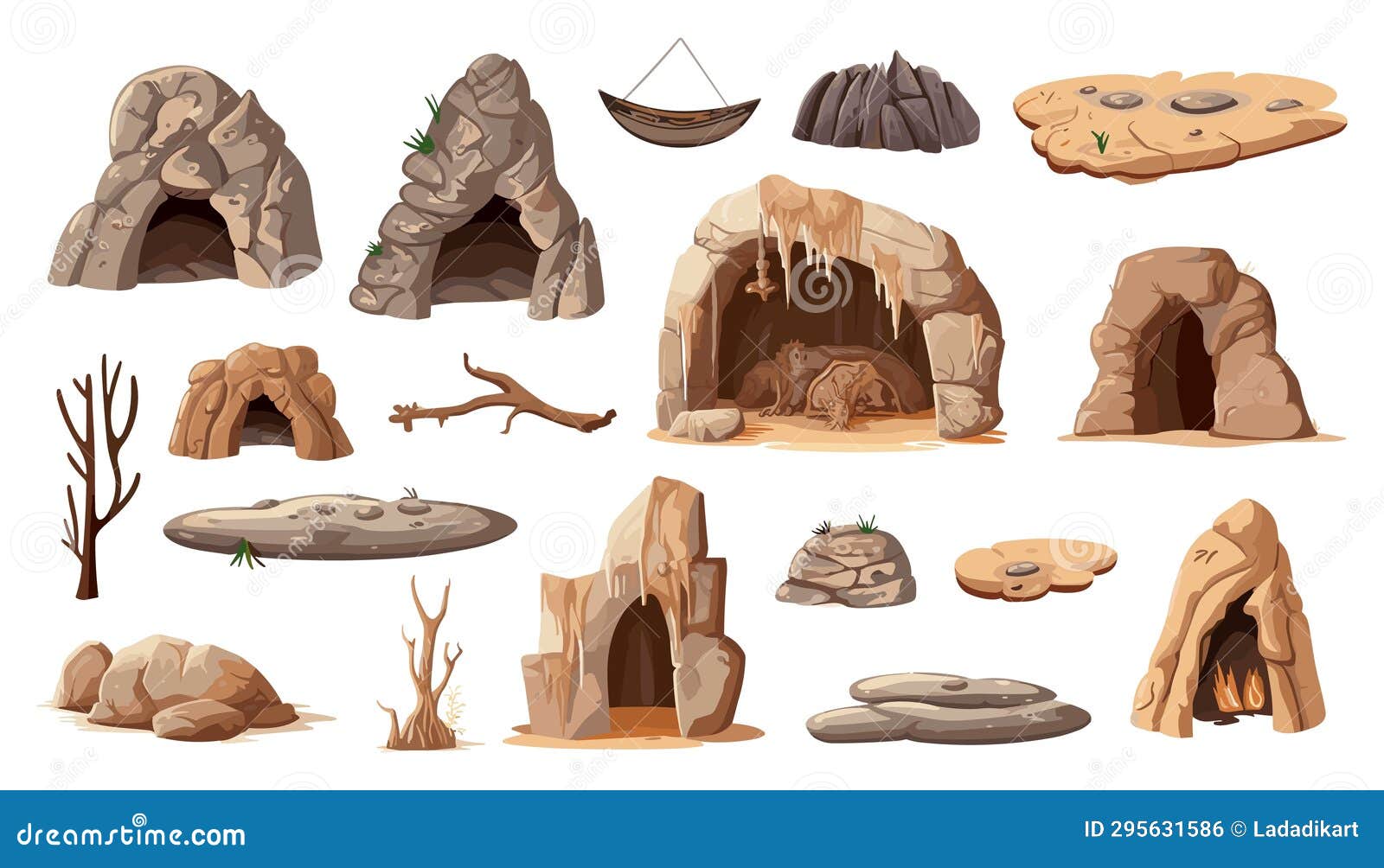 Primitive Human Living Elements. Stone Caves and Stones, Dry Tree and ...