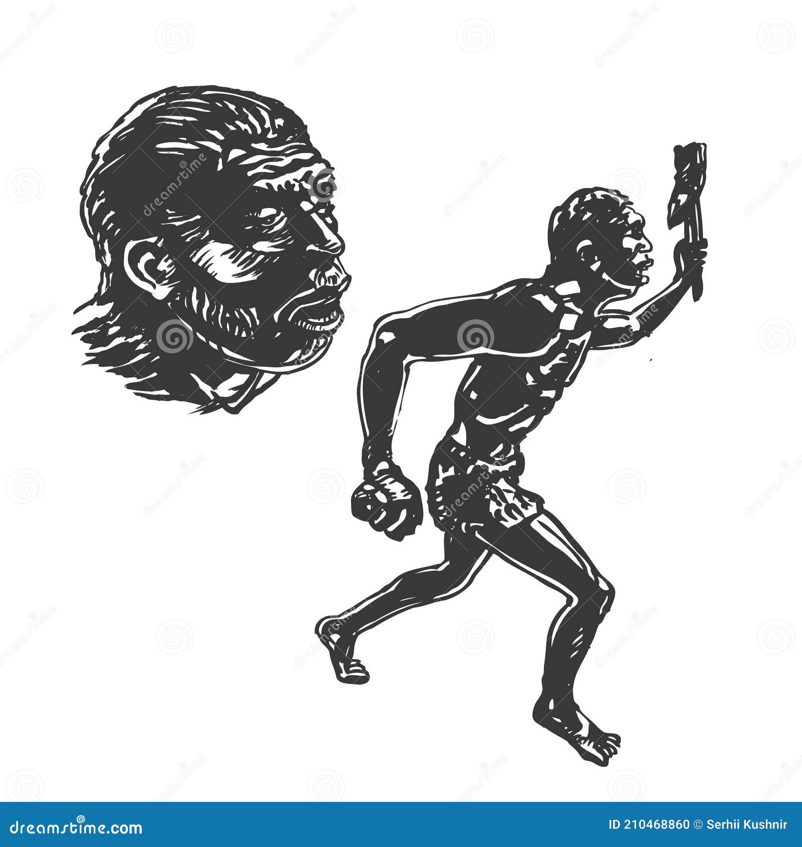 Primitive Man Running with a Stick. Hand Drawing Sketch Stock Vector ...