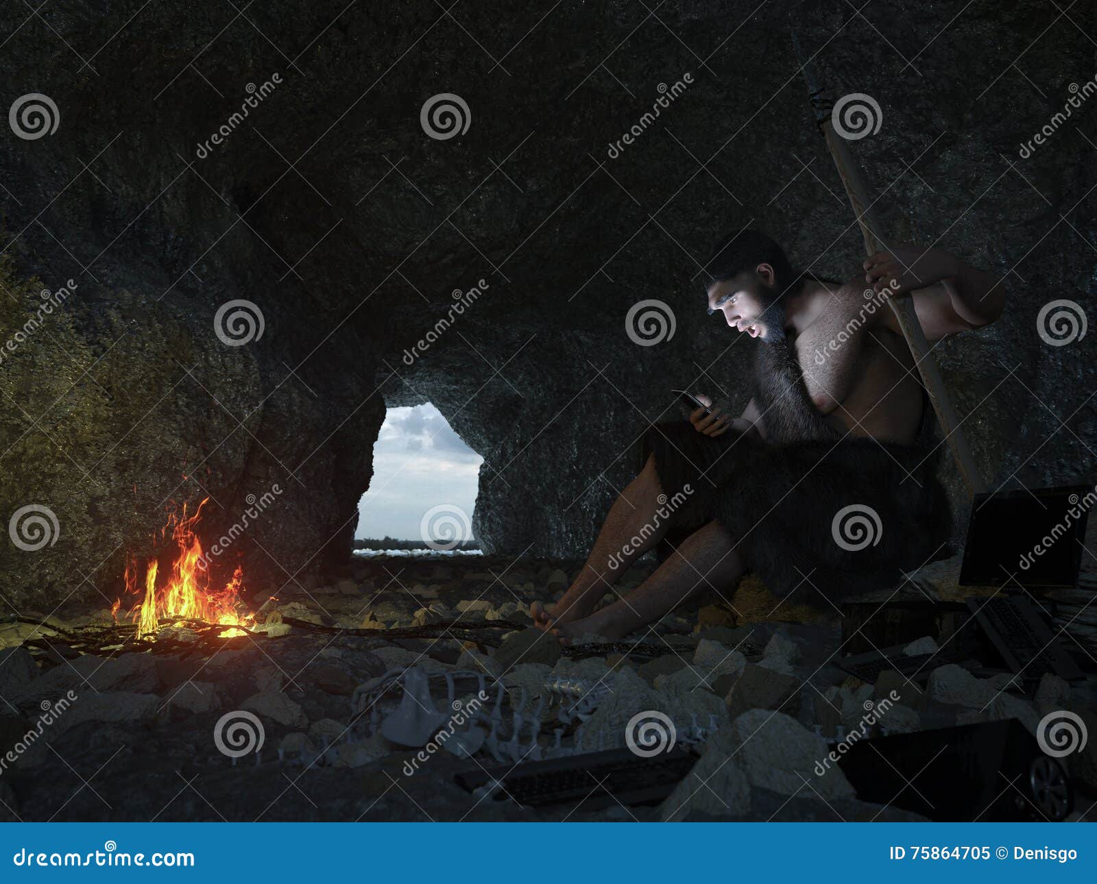 Primitive Man Siting In The Cave With Smartphone Concept Illustration ...