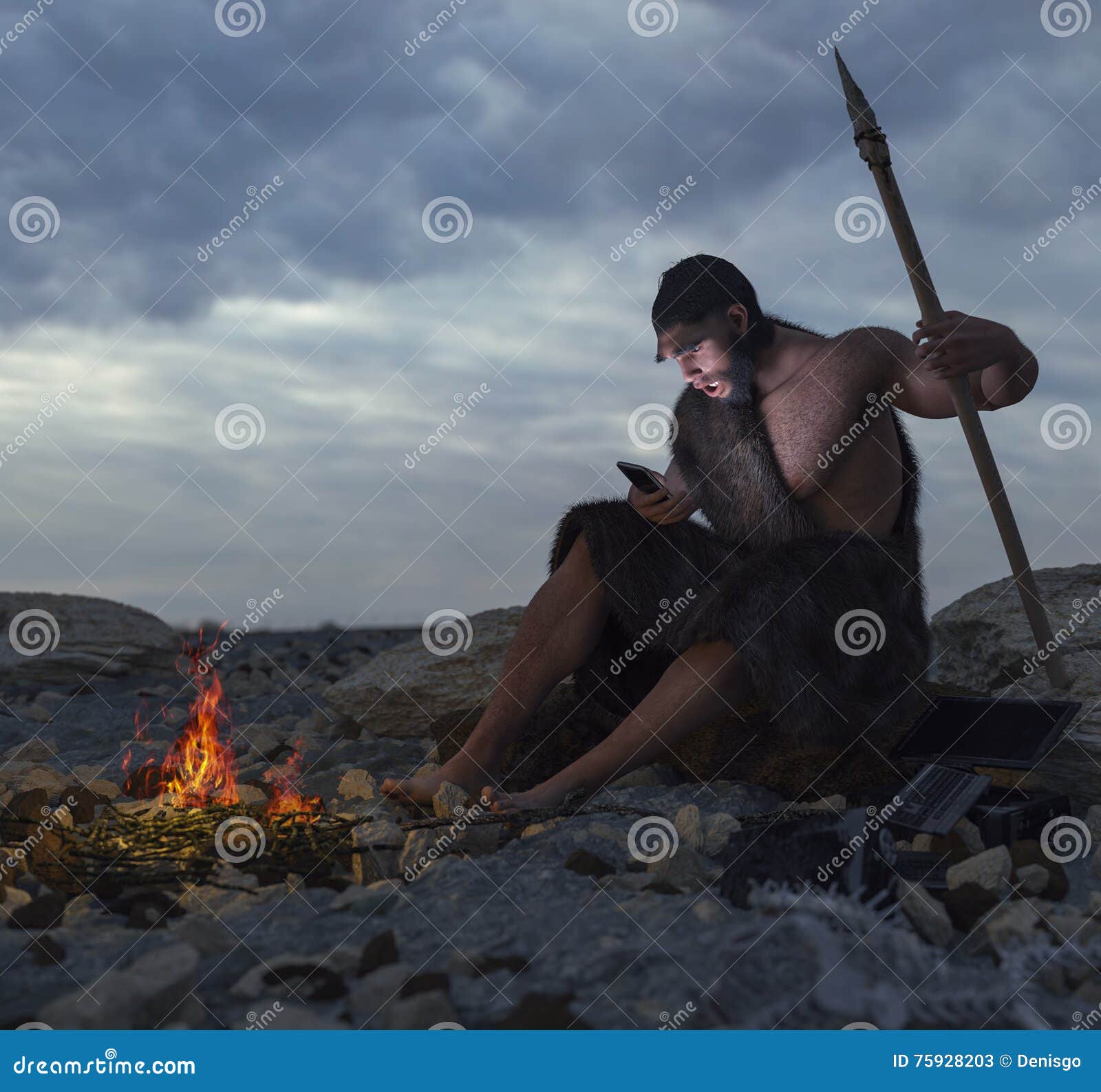 Primitive Man With Smartphone On Isolate Black Concept 3d Illustration ...