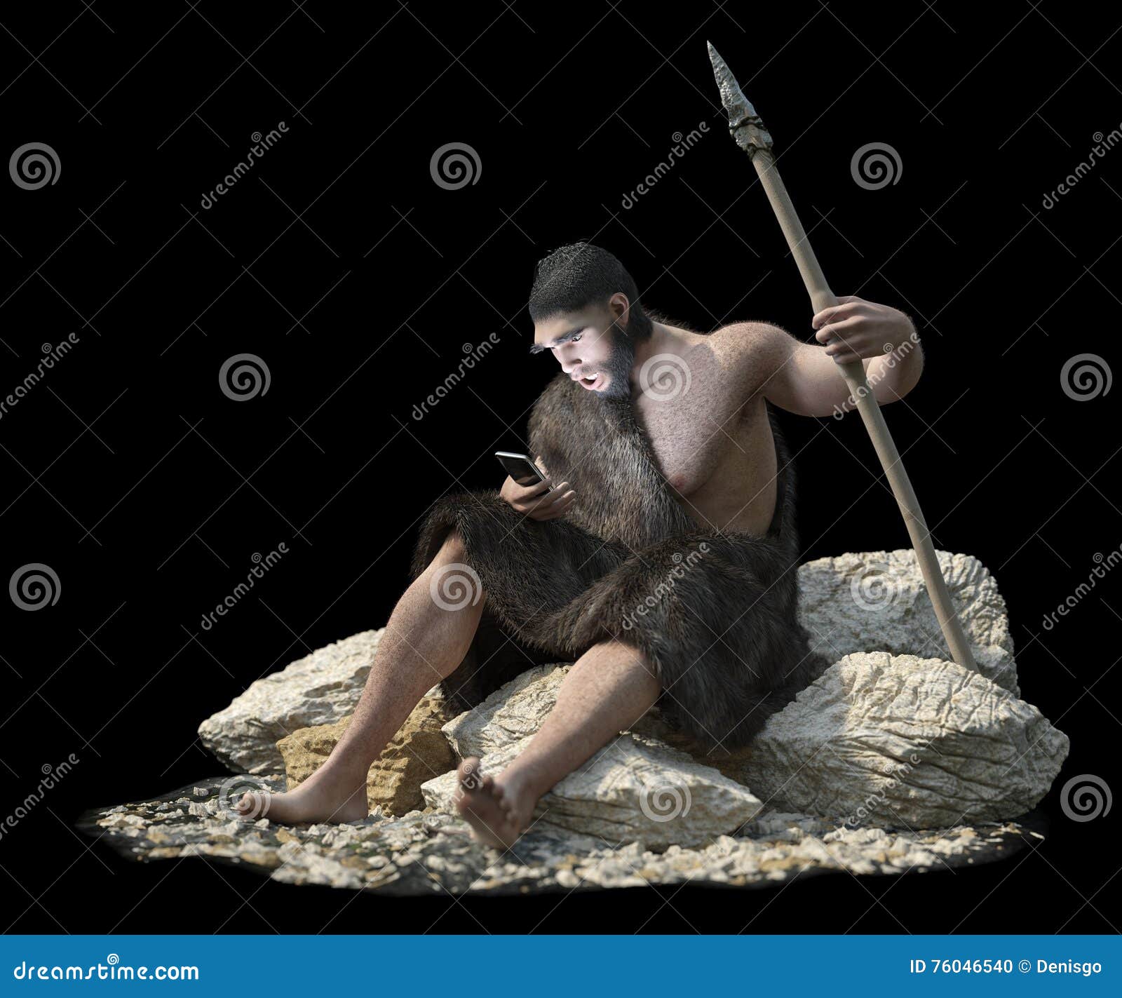 Primitive Man with Smartphone on Isolate Black Concept 3d Illustration ...