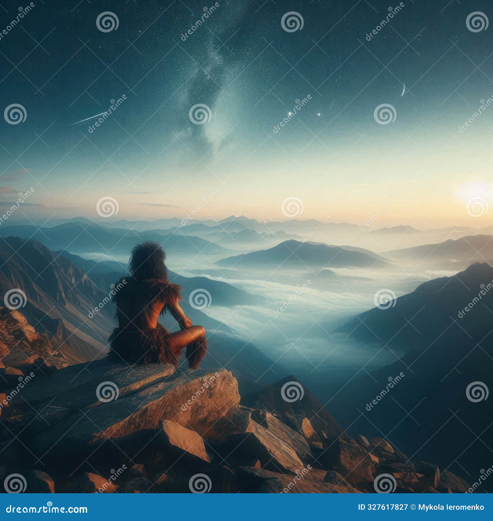 A Primitive Man Watching the Sky from the Top of a Mountain. Stock ...