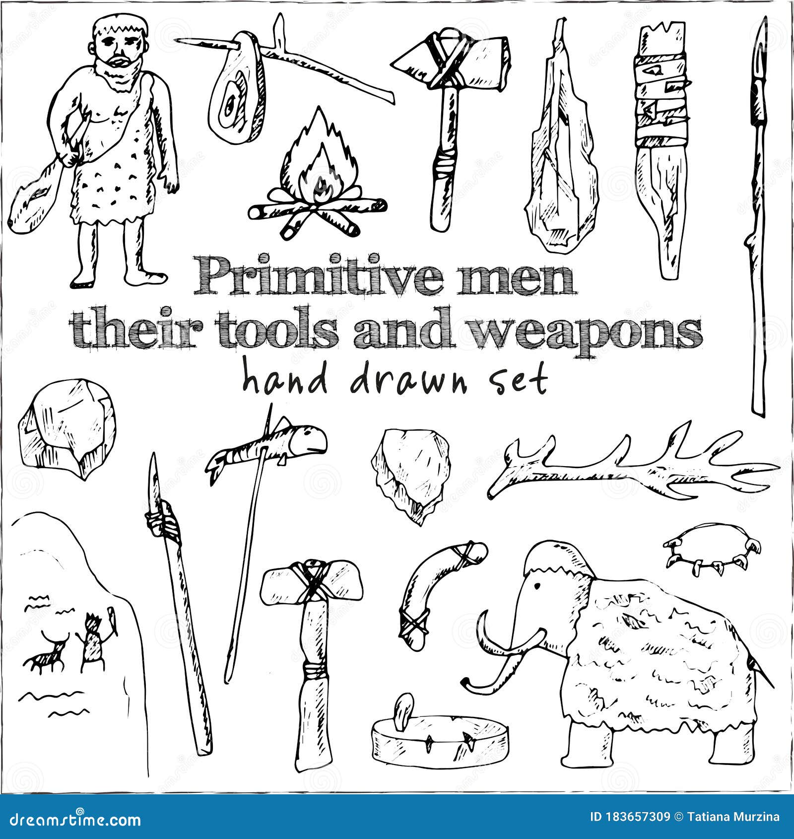 Primitive Men with Tools and Weapons Isolated Hand Drawn Doodles Vector ...