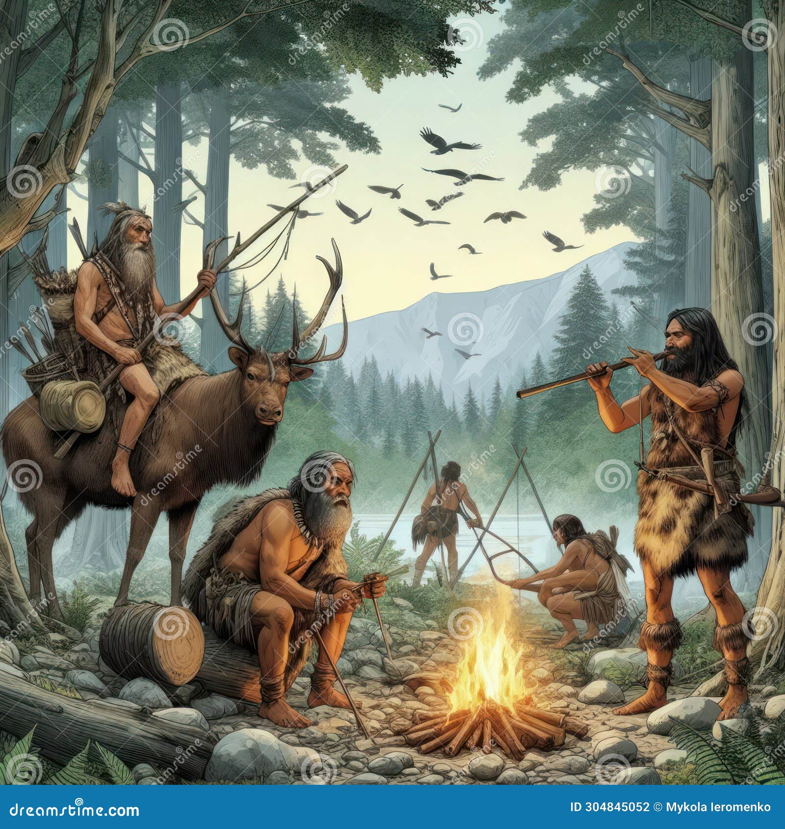 Primitive People Gathered Around a Fire in the Forest. Stock ...