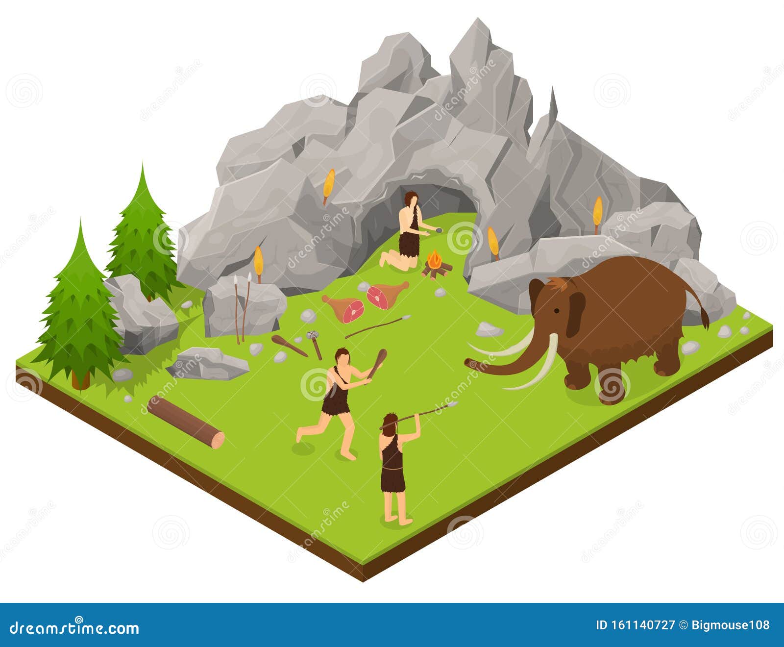 Primitive People Scene Concept 3d Isometric View. Vector Stock Vector ...