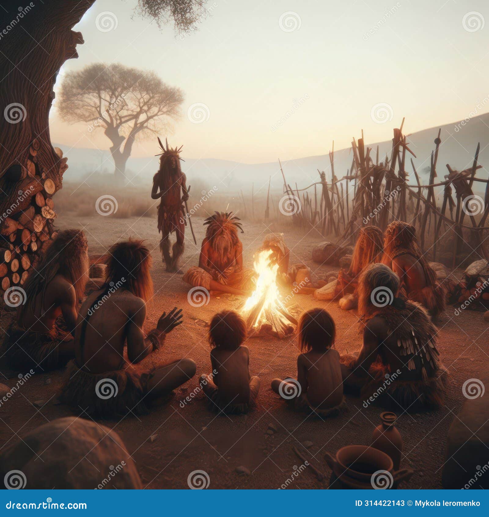 Primitive People Sitting Around the Fire. Stock Illustration ...