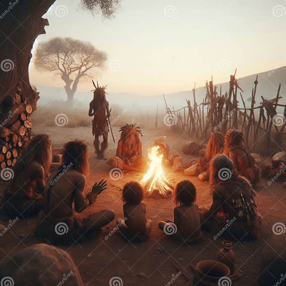 Primitive People Sitting Around the Fire. Stock Illustration ...