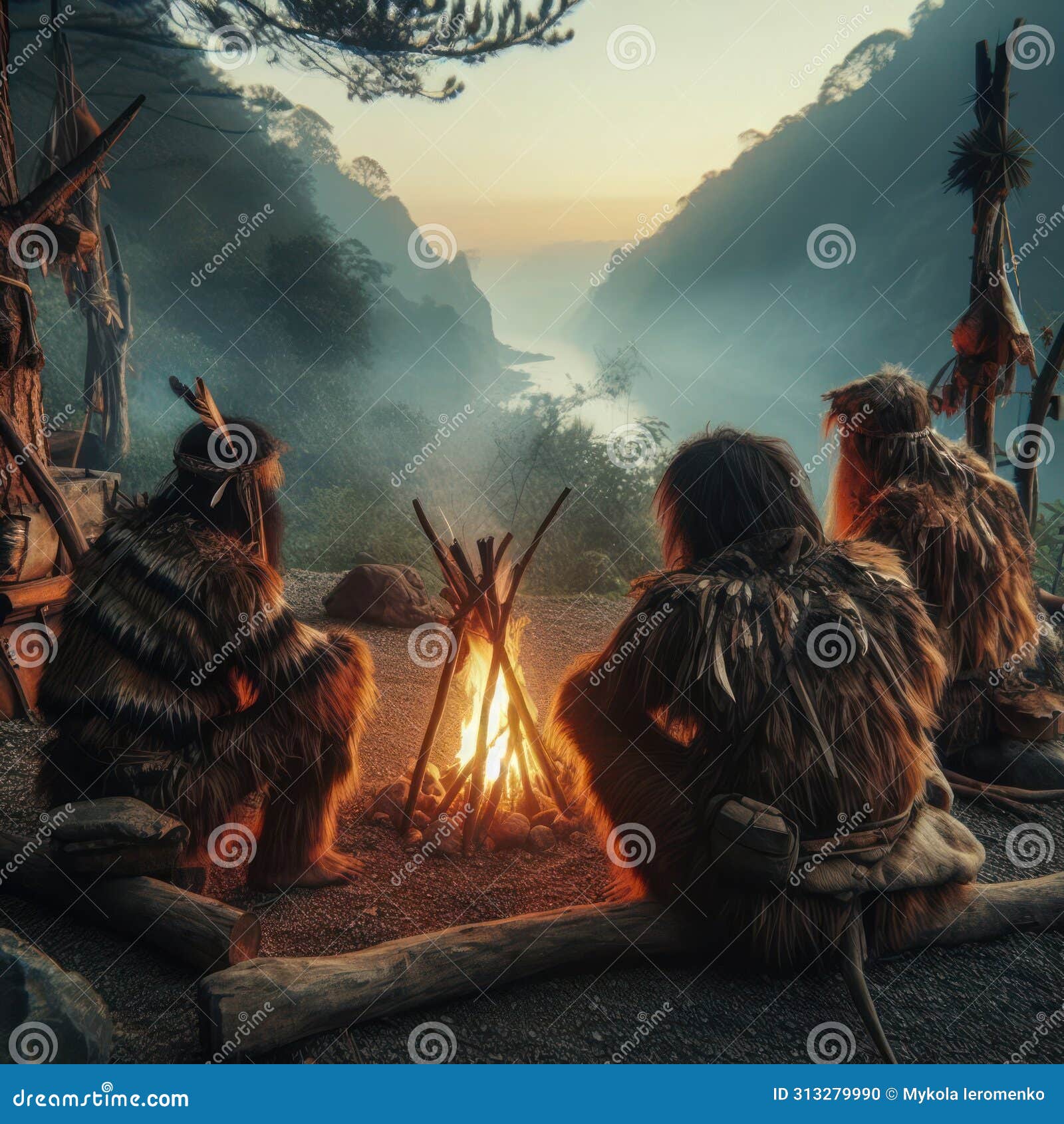 Primitive People Sitting Around the Fire. Stock Illustration ...