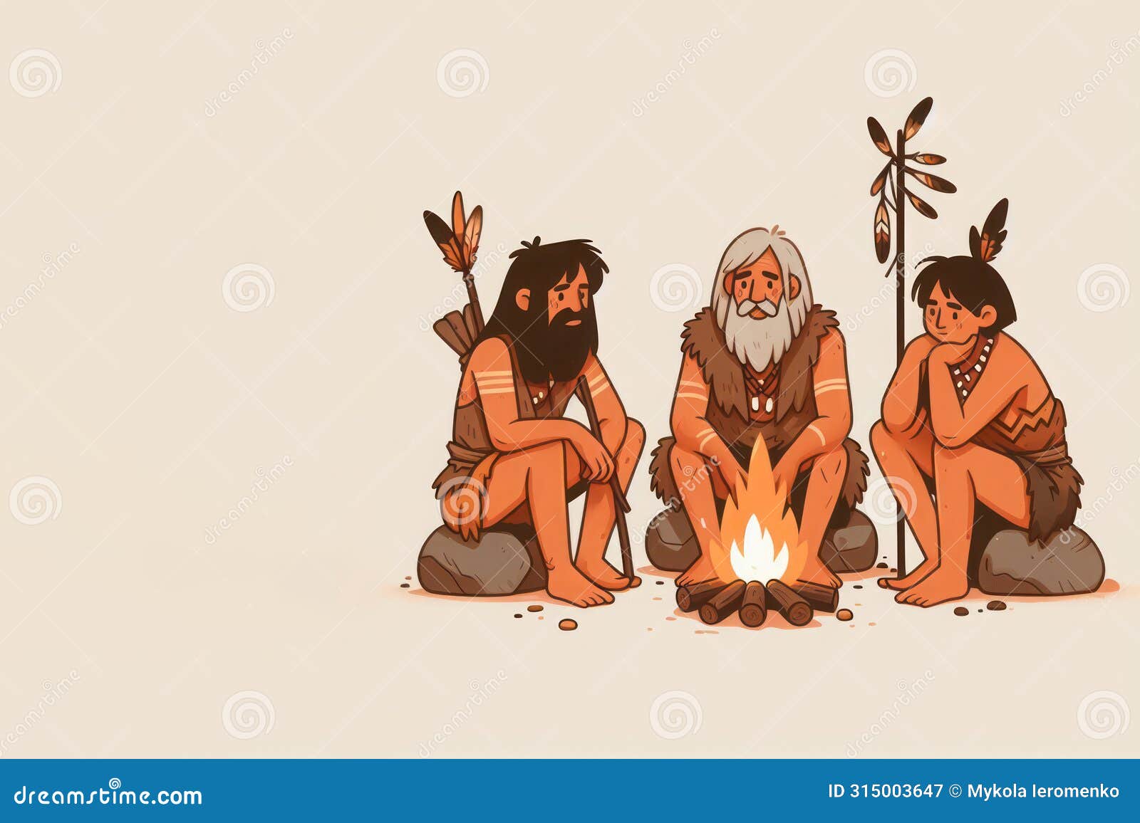 Primitive People Sitting Around the Fire. Space for Text. Stock ...