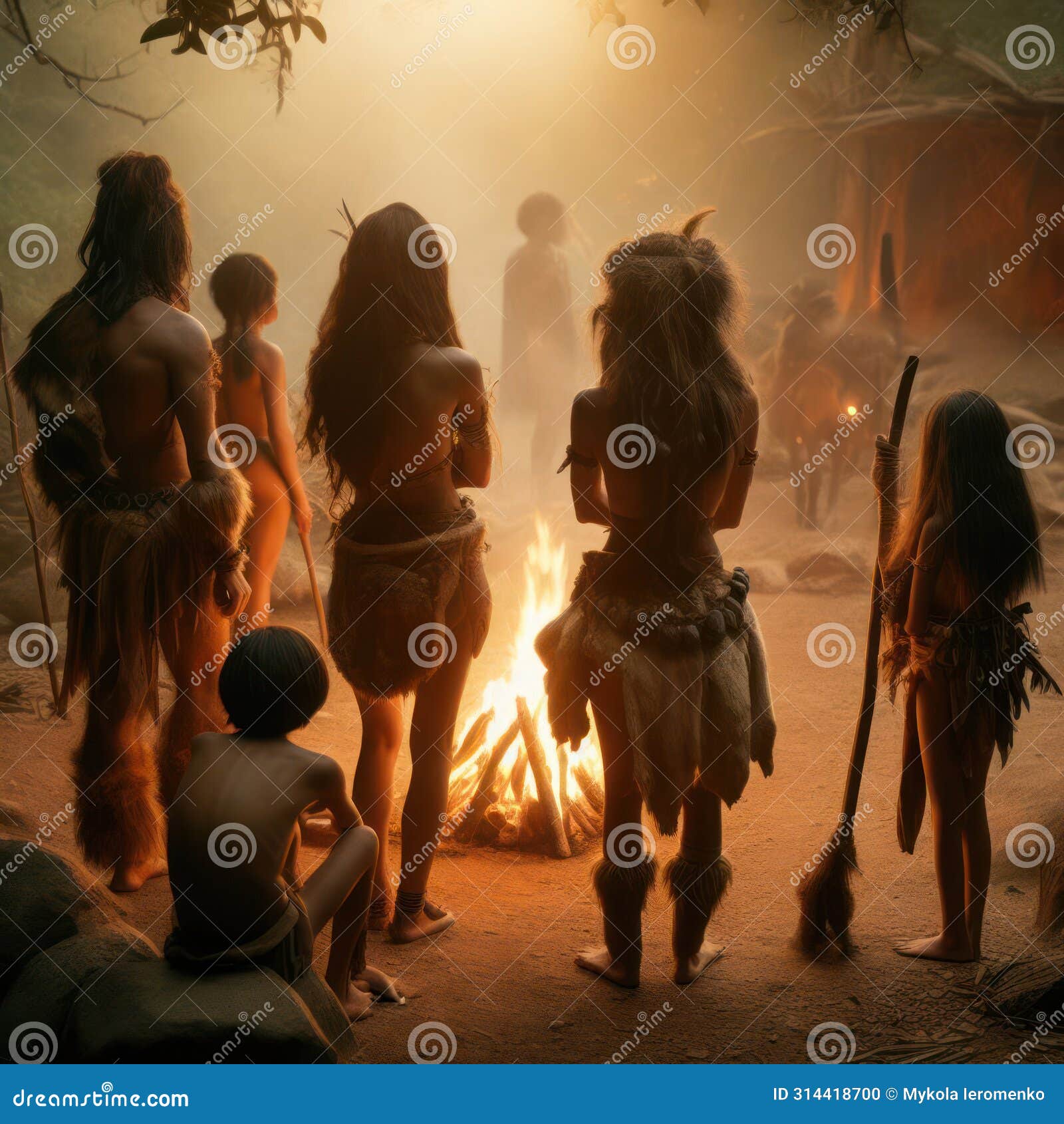 Primitive People Standing Around a Campfire. Stock Illustration ...