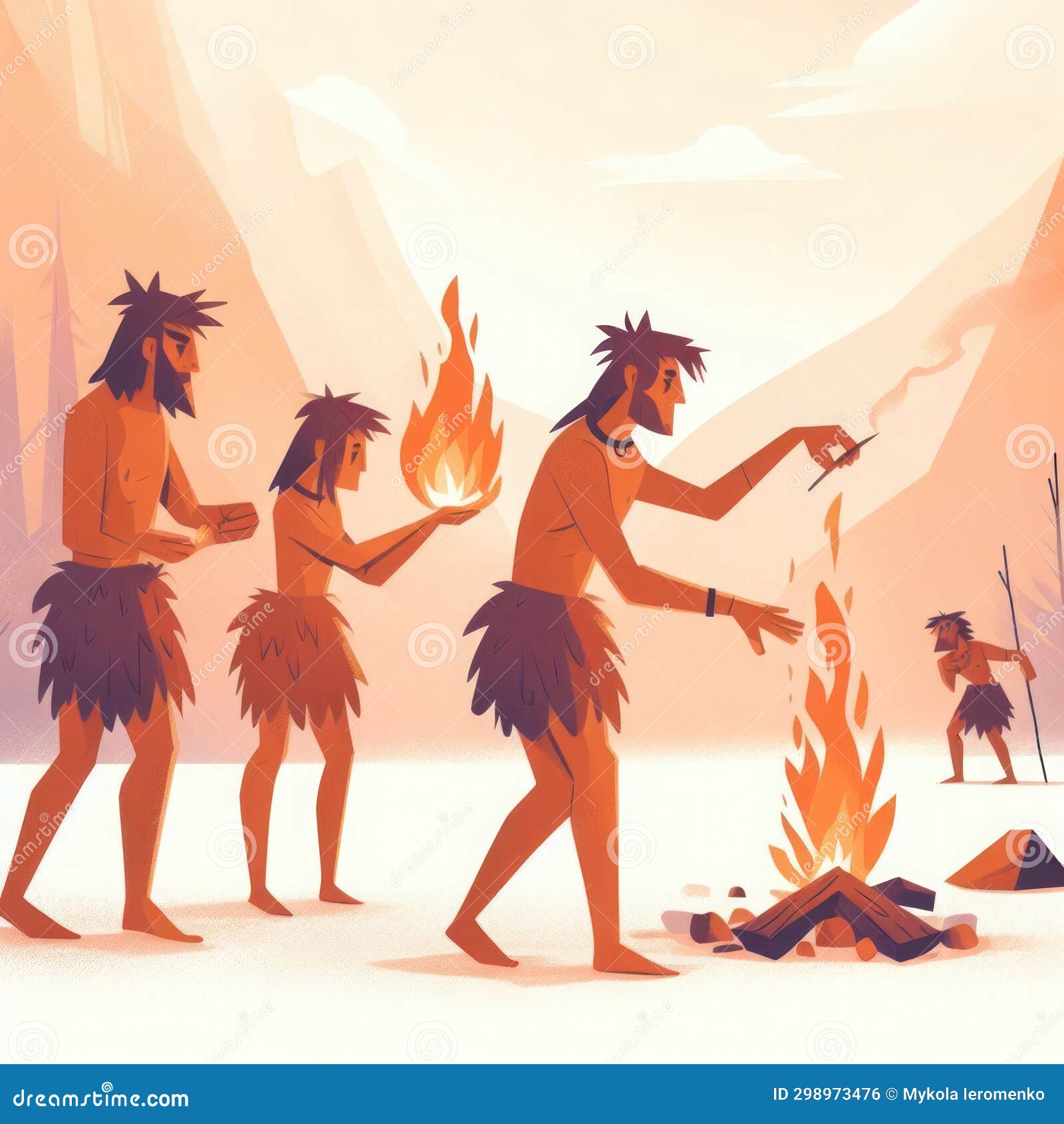 Primitive People Standing Near the Fire. Stock Illustration ...
