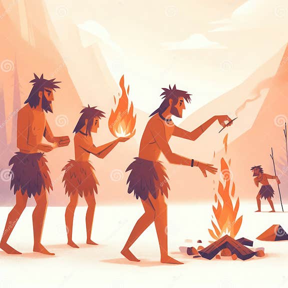 Primitive People Standing Near the Fire. Stock Illustration ...