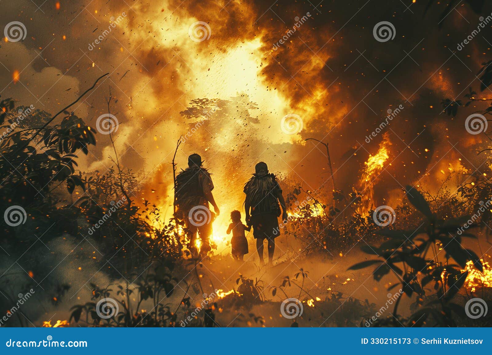 Primitive People of the Stone Age in a Forest Fire at Night. Ecological ...