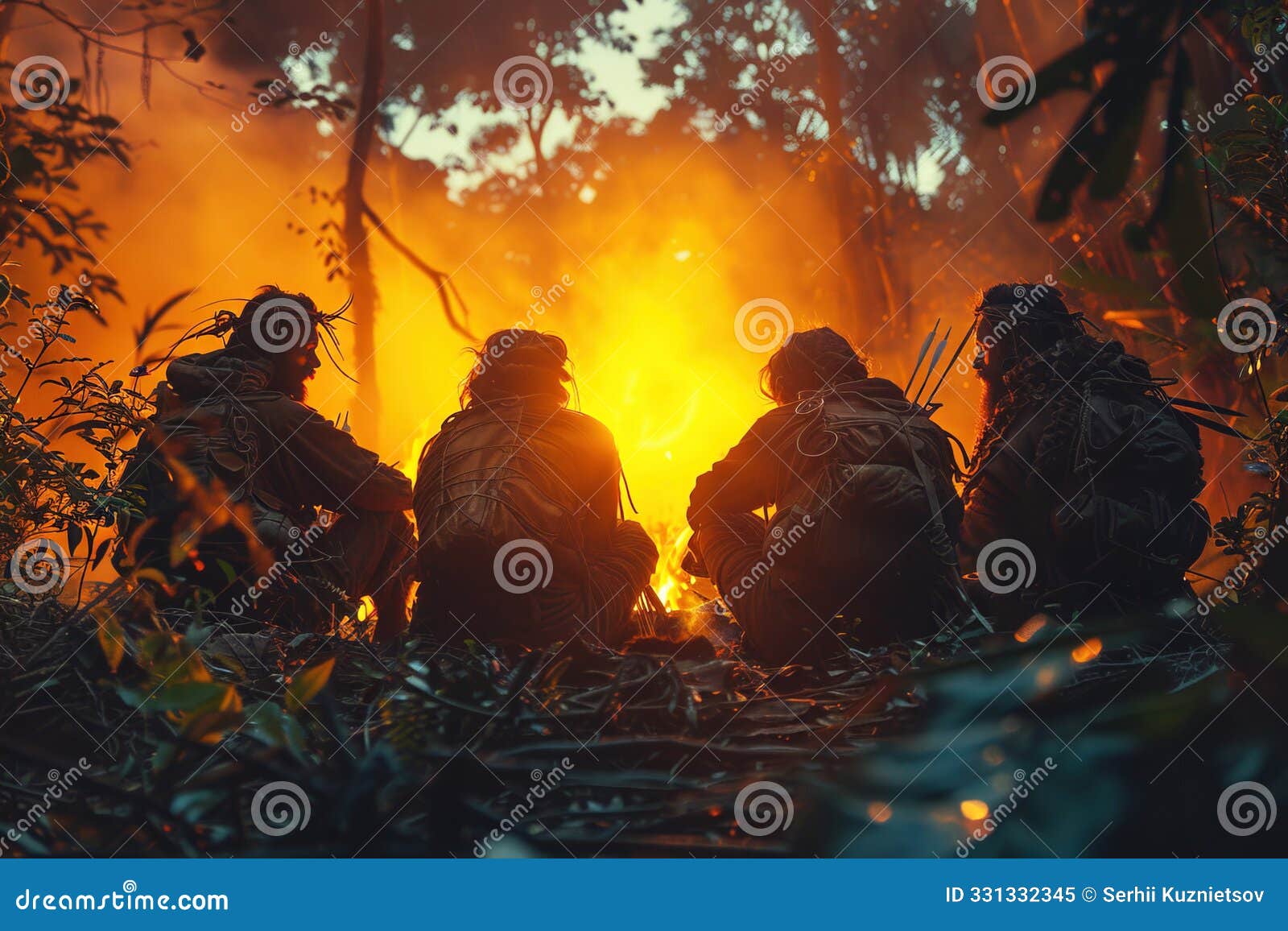 Primitive People of the Stone Age in a Forest Fire at Night. Ecological ...