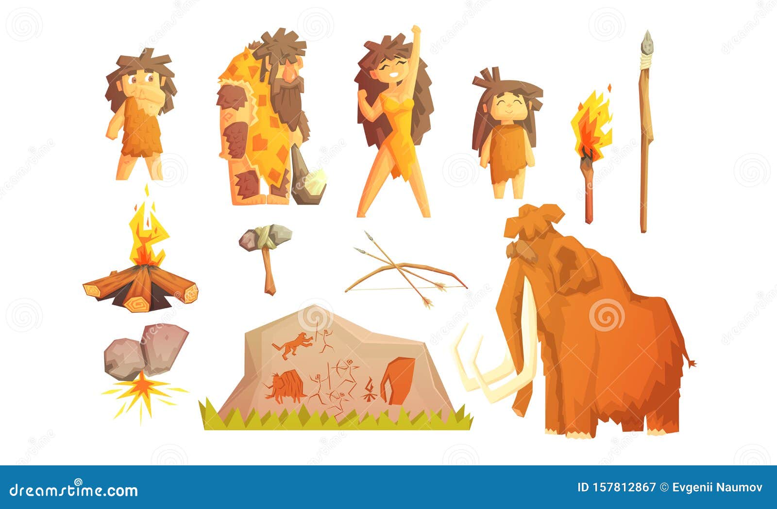 Primitive People and Stone Age Symbols Set, Prehistoric Family, Mammoth ... Primitive People and Stone Age Symbols Set, Prehistoric Family, Mammoth ...