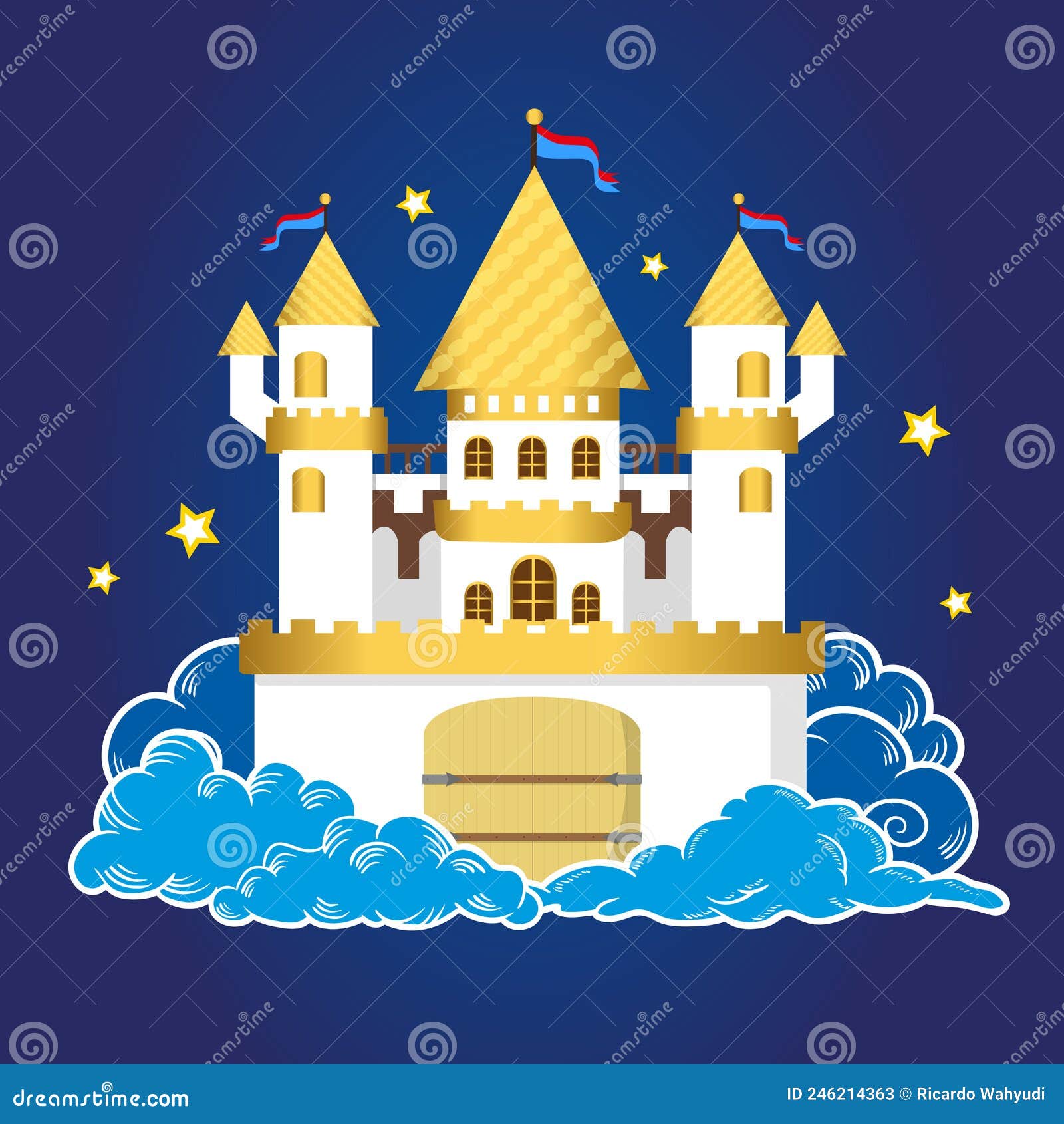 Vector White Magic Castle. Cartoon Castle in Blue Clouds Stock Vector ...
