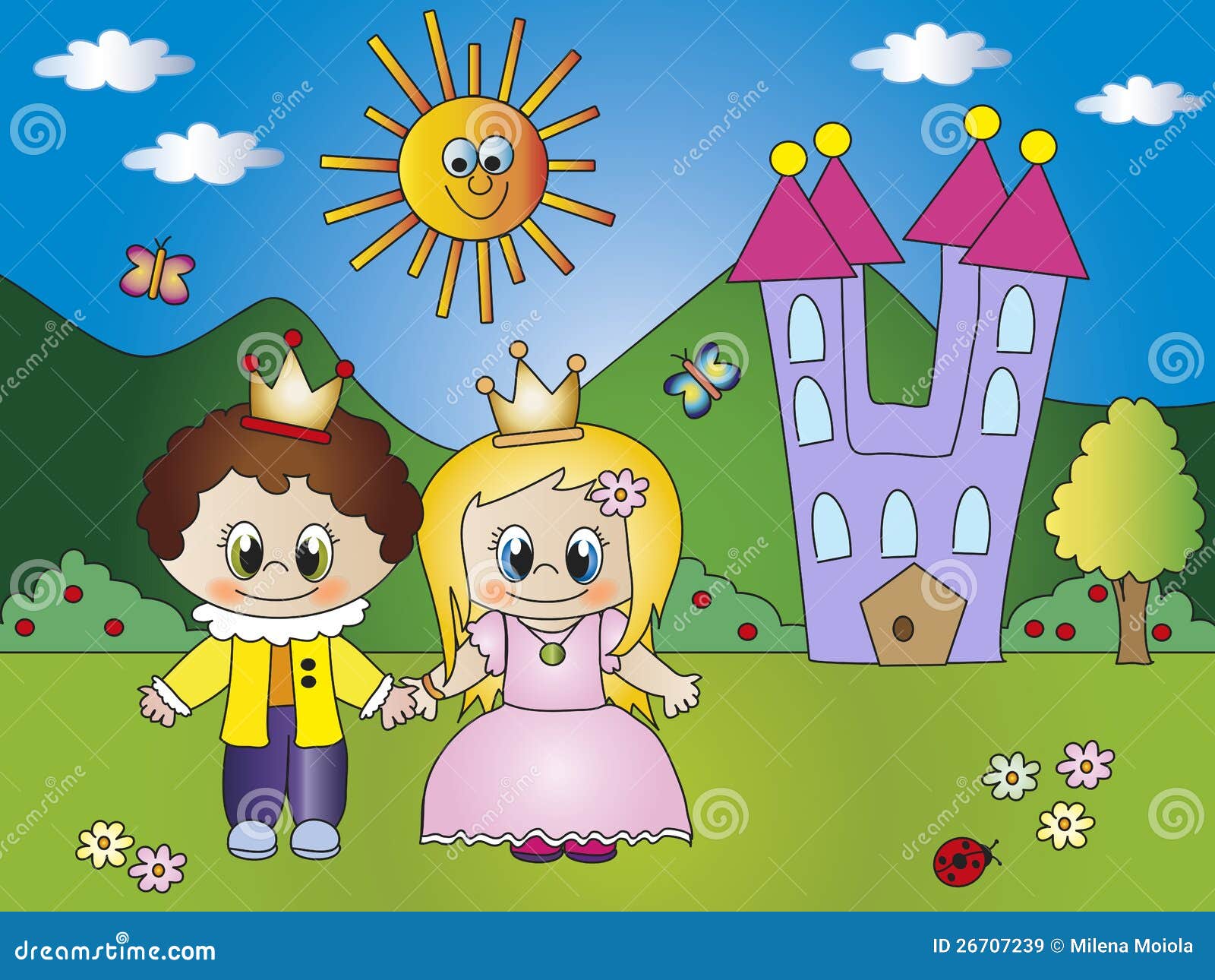 Prince And Princess Are Flying On A Unicorn. Cute Cartoon Kids And ...