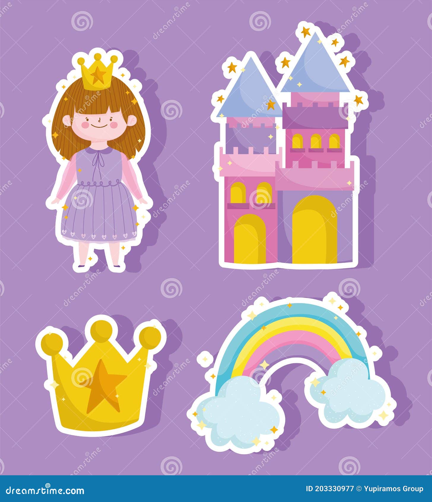 Princess Castle Rainbow and Crown Magic Stickers Icons Stock Vector ...