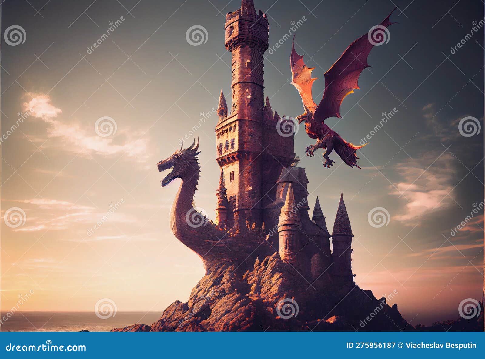 Princess in the Castle Tower. the Dragon Guards the Fortress Stock ...