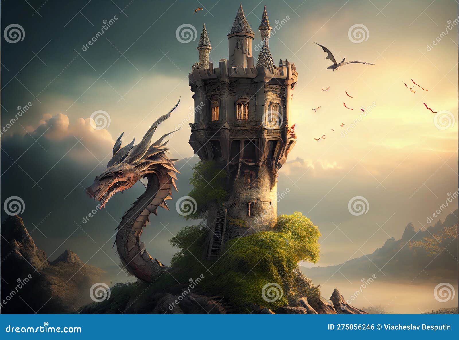 The Dragon Guards The Princess In The Tower. Watercolor Illustration ...