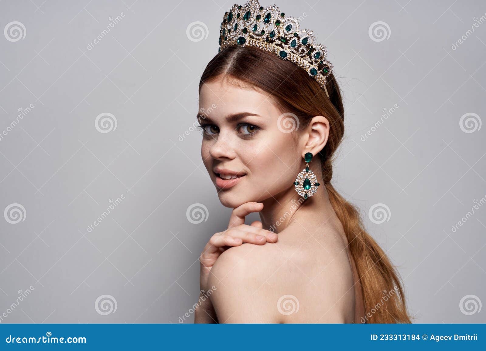 Princess with a Crown on Her Head Makeup Model Light Background Stock ...