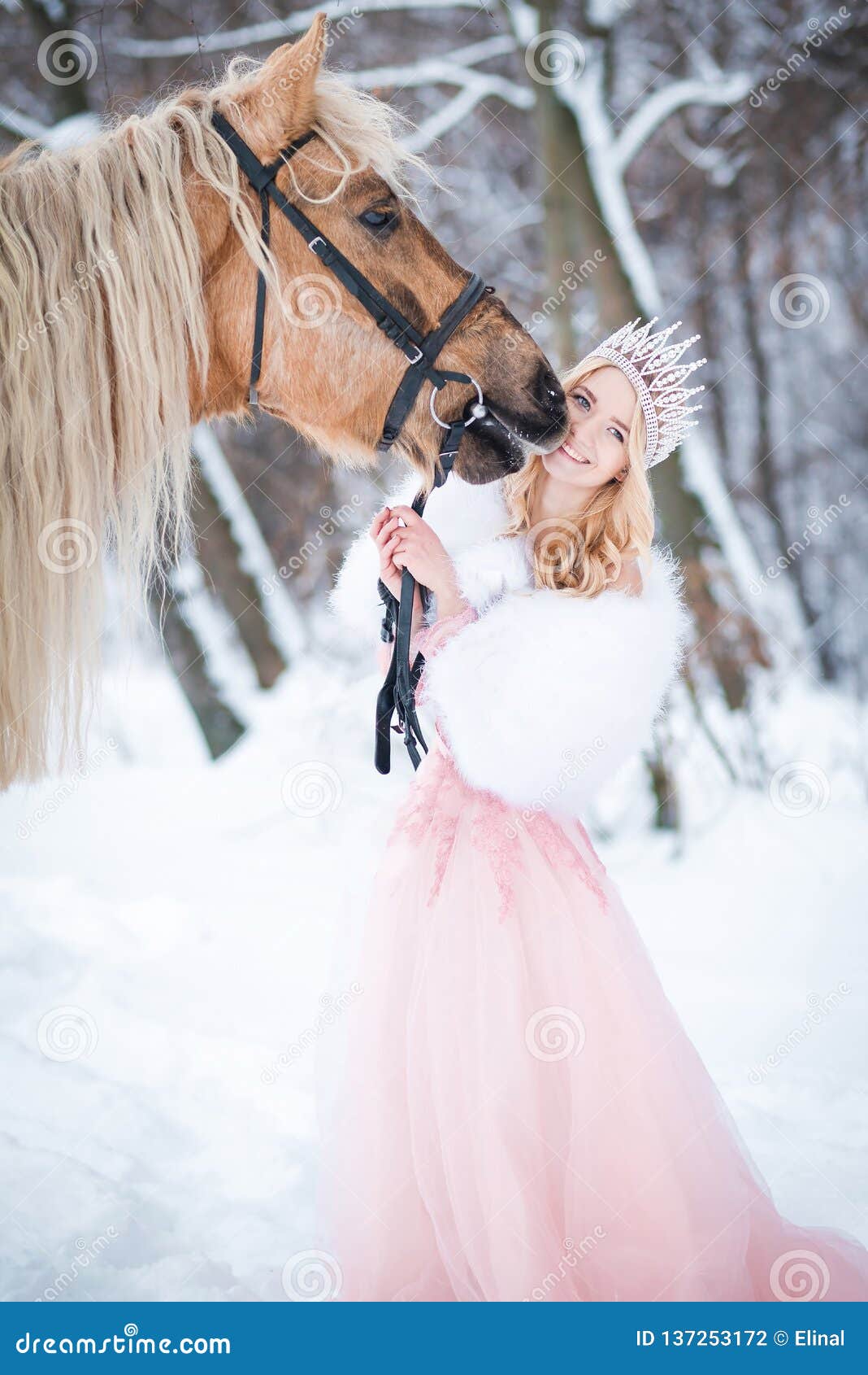Princess in Crown with Horse in Winter. Fairy Tale. Romantic Fanatsy ...