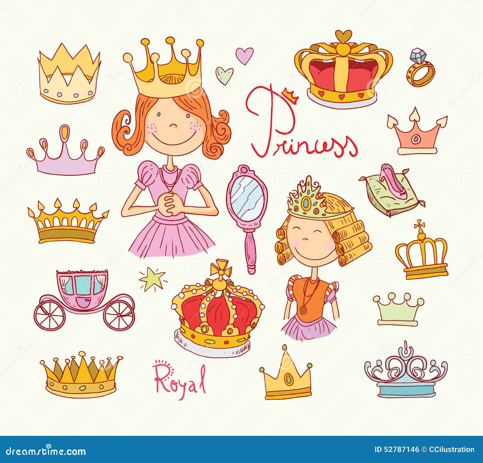 Princess Crown Set, Hand Drawn Vector Stock Vector - Illustration of ...
