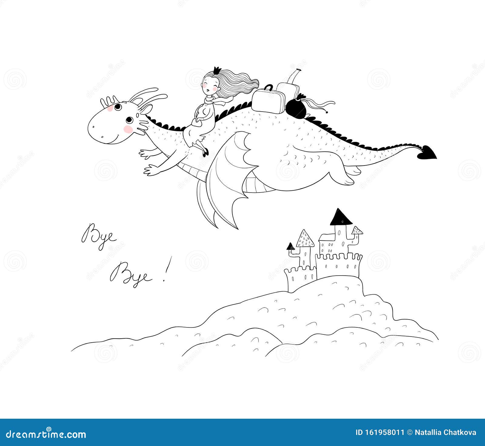 The Princess Is Flying On A Dragon. Queen And Dinosaur. Cartoon Vector ...