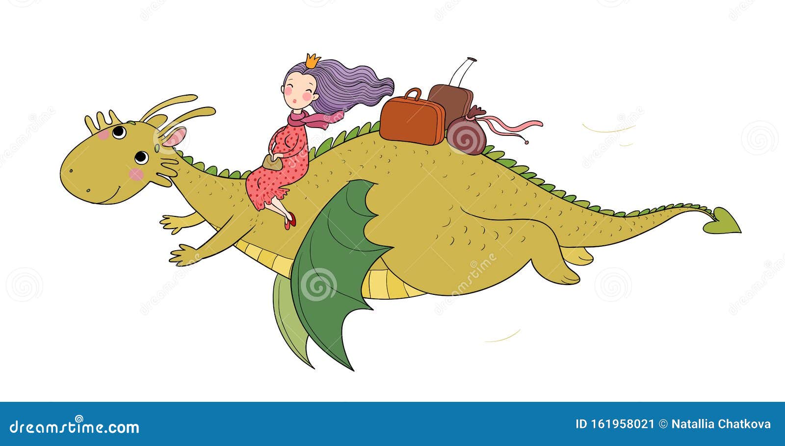 The Princess Is Flying On A Dragon. Queen And Dinosaur. Cartoon Vector ...