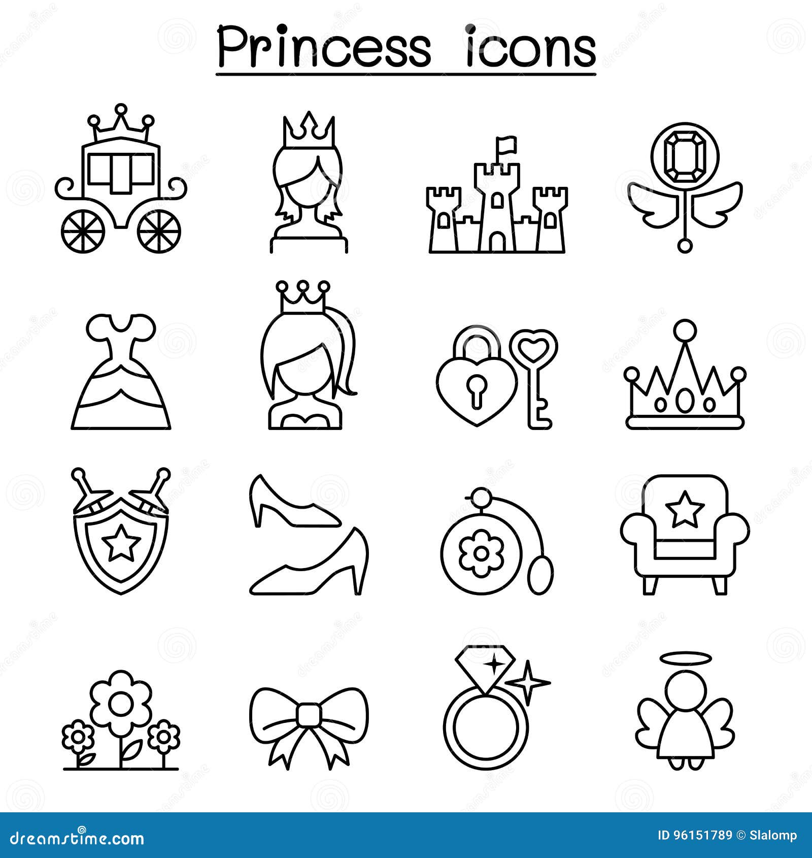 Princess Icon Set in Thin Line Style Stock Vector - Illustration of ...