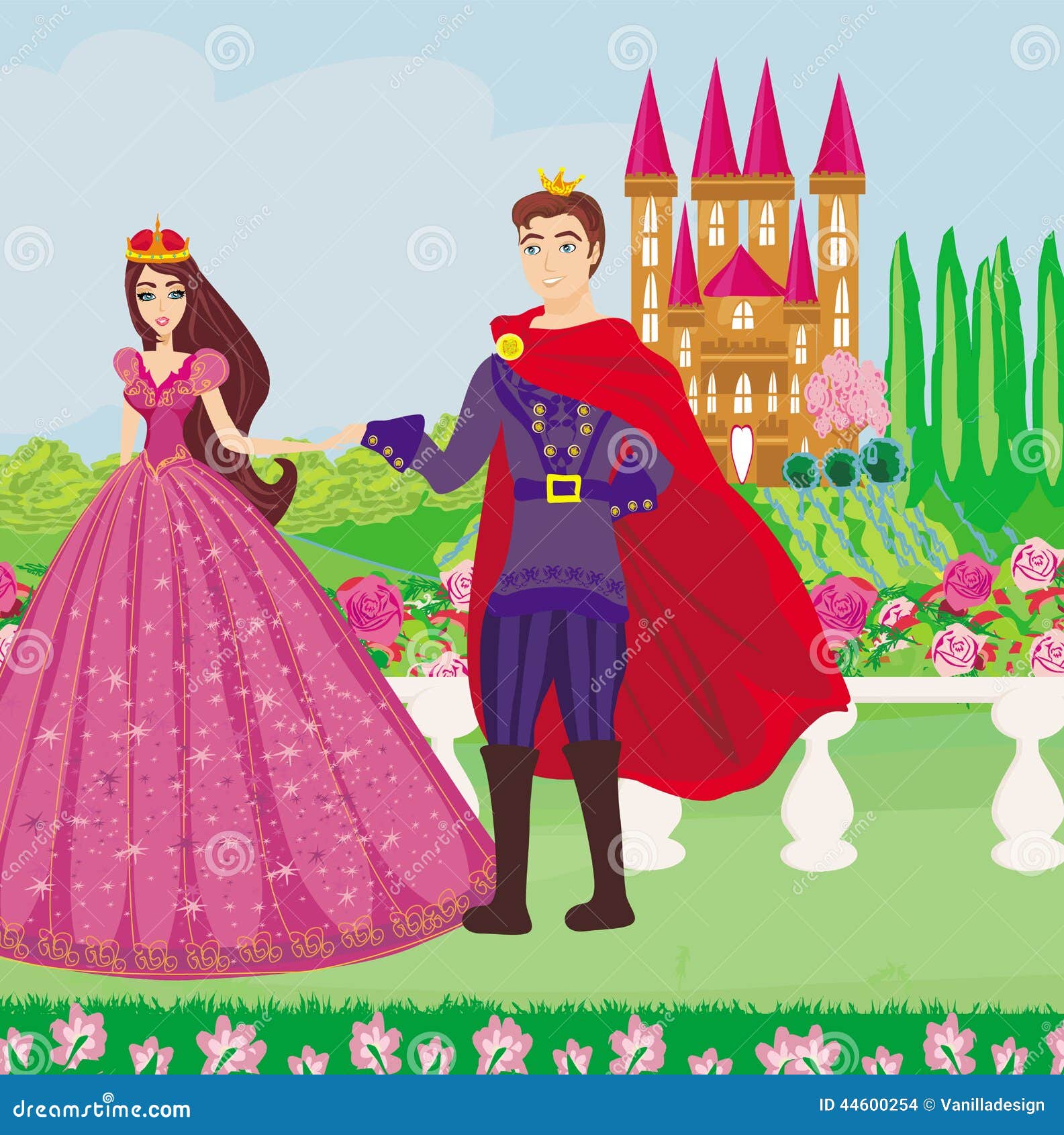 The Princess And The Prince In A Beautiful Garden Vector Illustration ...