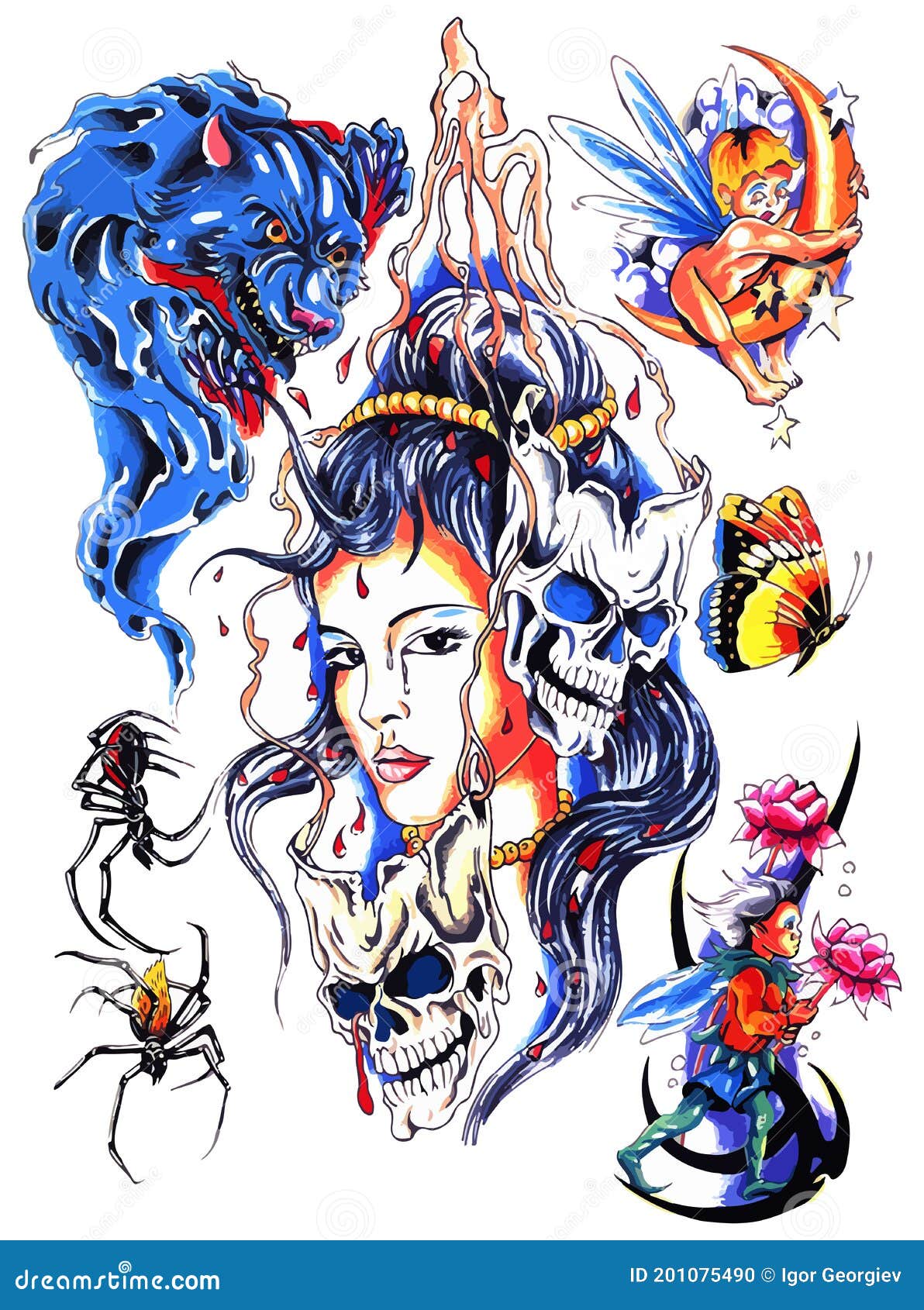 Princess and Skulls Tattoo Flash Set. Set of Labels and Elements ...