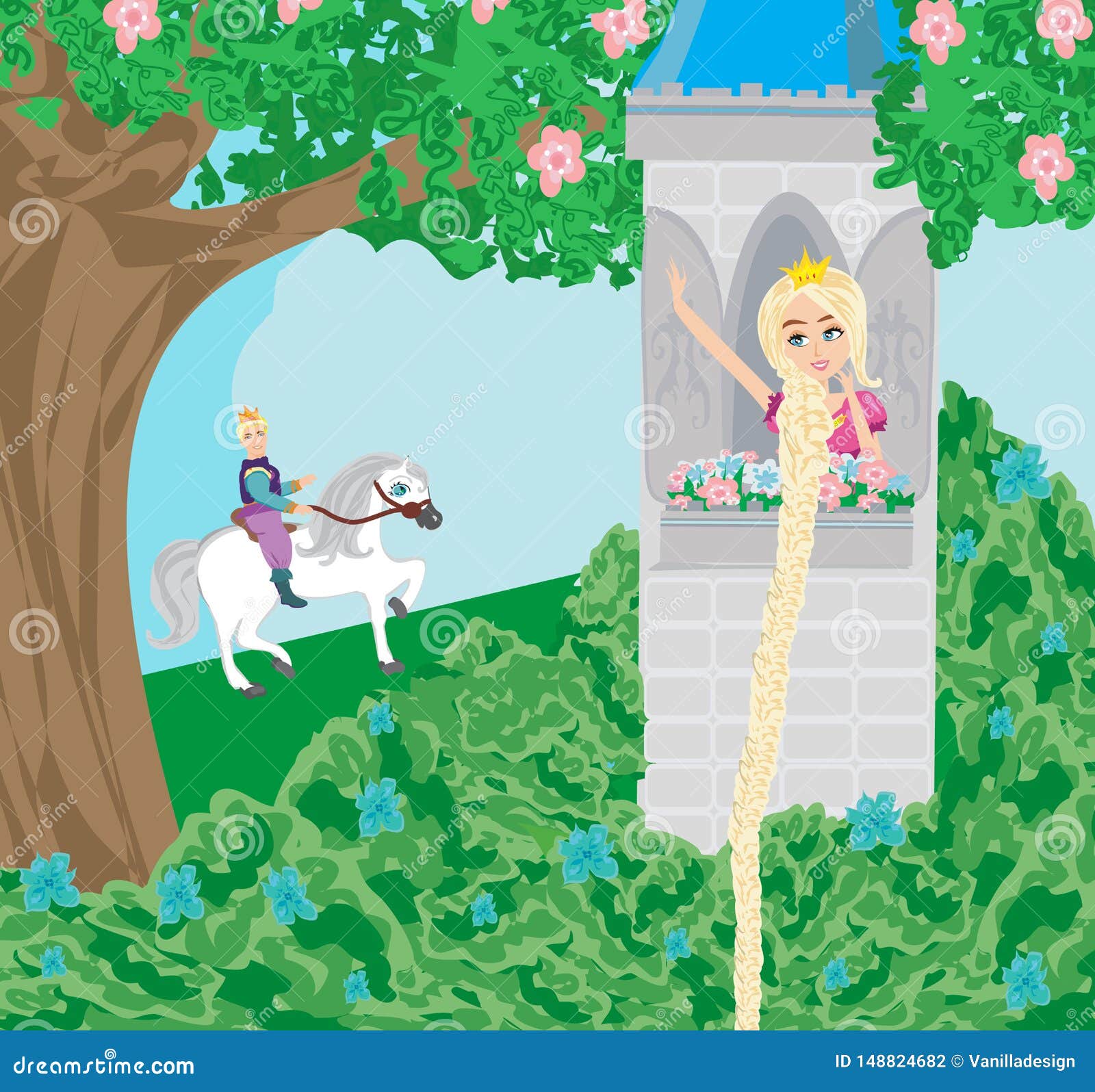 Princess In Tower With Melody Symbol On Rainbow Vector Illustration ...
