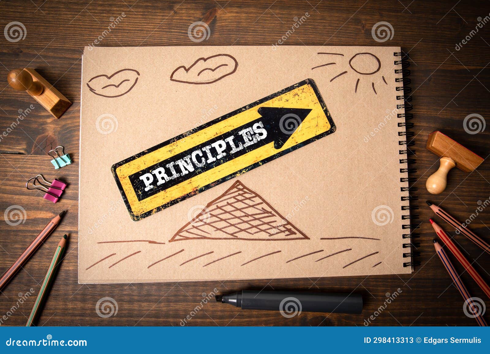 Principles. Pointing Arrow and Stationery on Wooden Office Table Stock ...