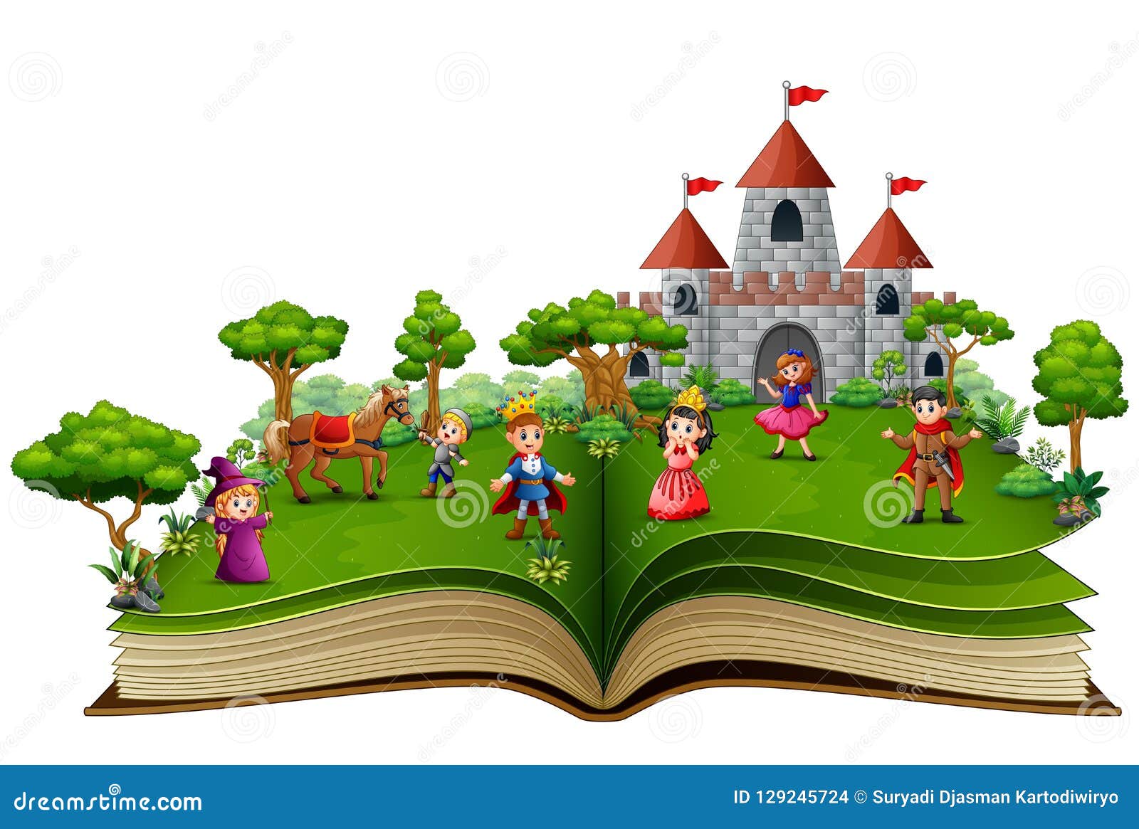 Story Book With Cartoon Princesses And Princes In Front Of A Castle ...