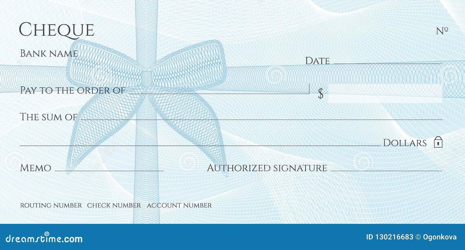 Check, Cheque Chequebook Template. Guilloche Pattern with Blue Bow ...