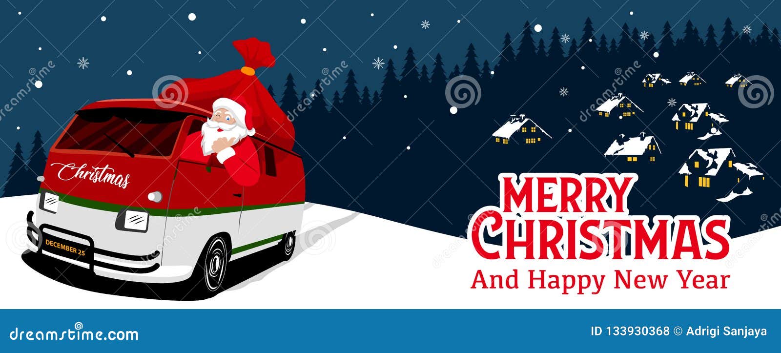 Christmas Banner with Night Background Vector. Santa Claus is Driving ...