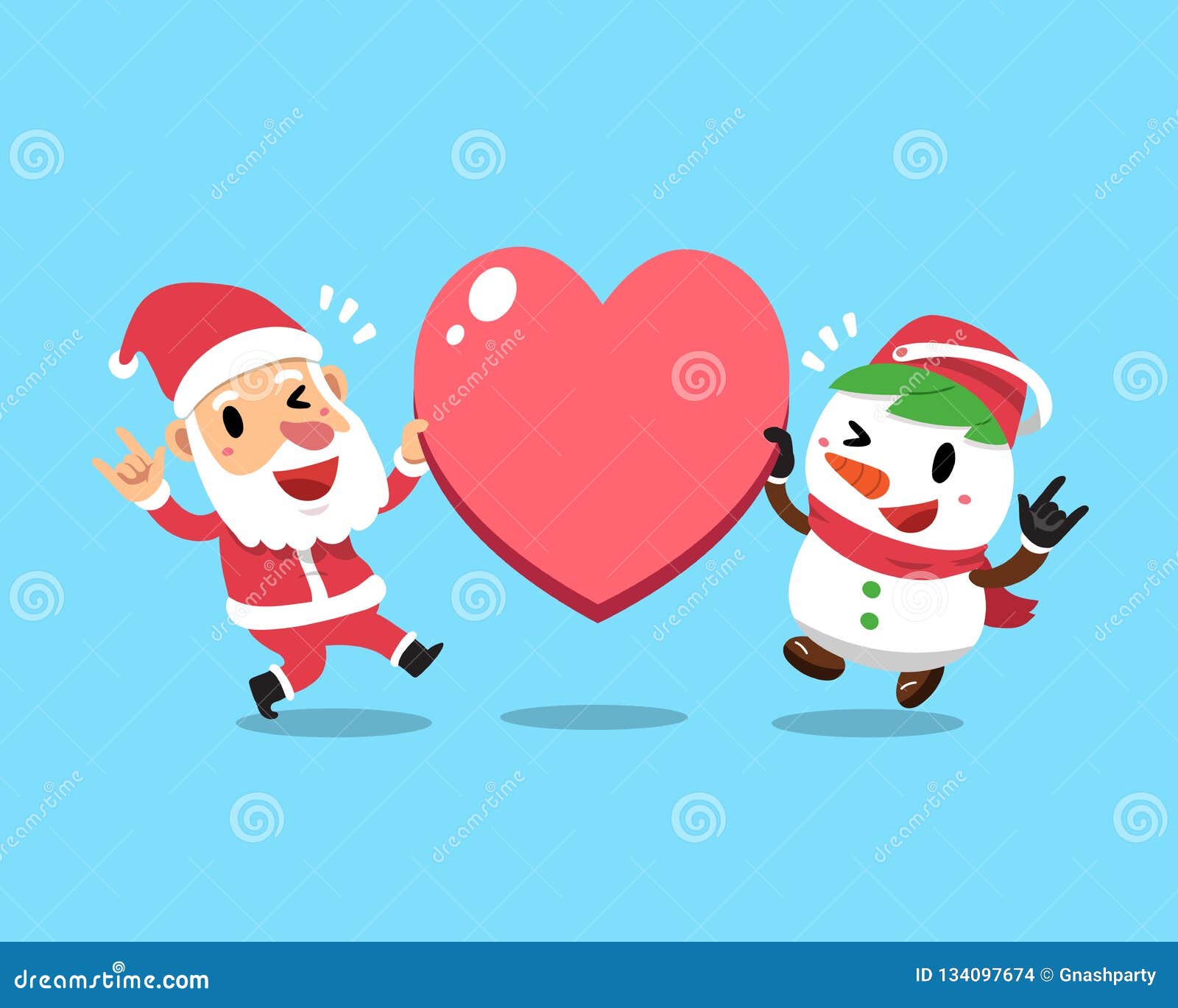 Vector Cartoon Christmas Santa Claus and Snowman with Big Heart Sign ...