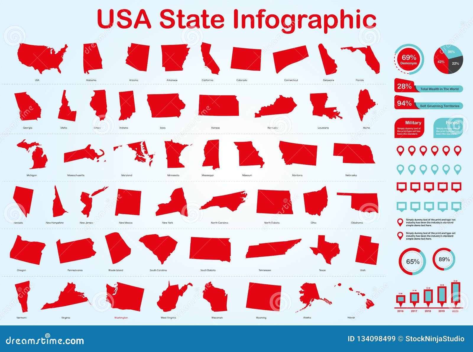 USA All State Map with Set of Infographic Elements in Red Color in ...