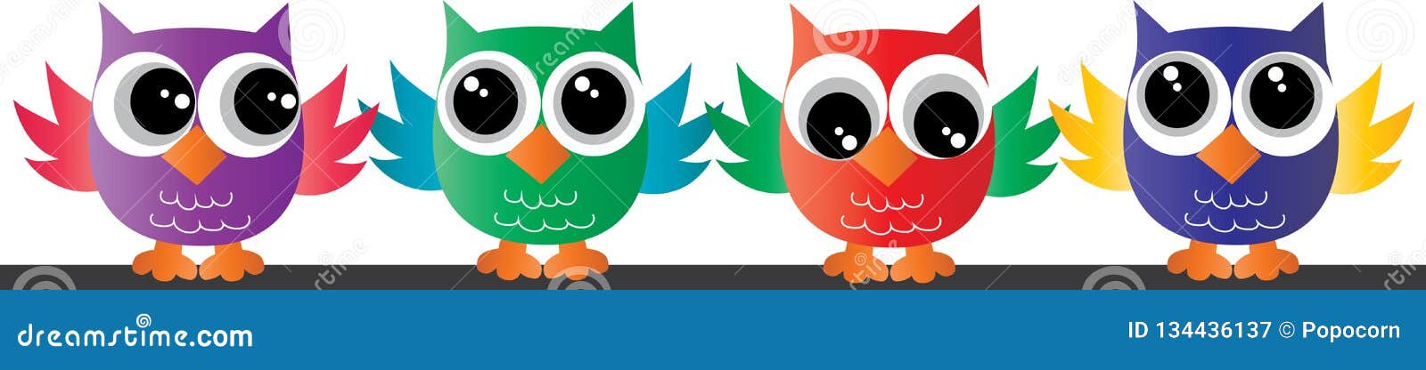 Colorful owls in a line stock illustration. Illustration of owls ...