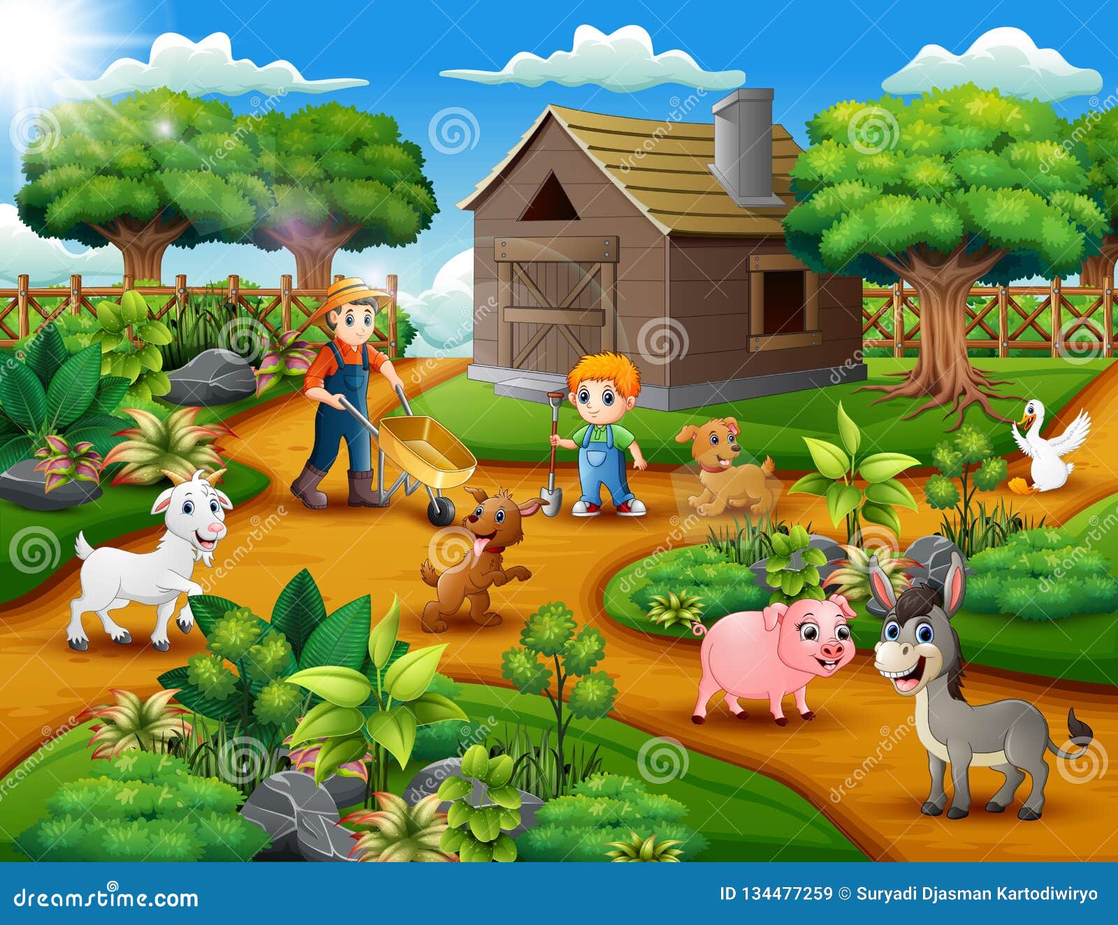Happy Farming Activities On Farms With Animals Cartoon Vector ...