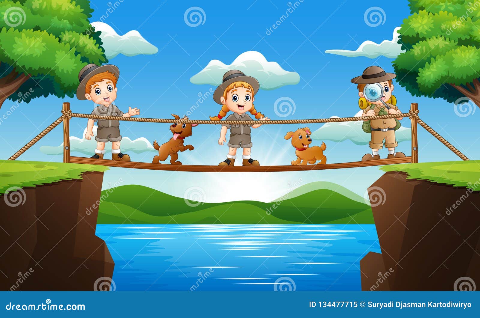 Three Zookeeper Standing on a Wooden Bridge Stock Vector - Illustration ...