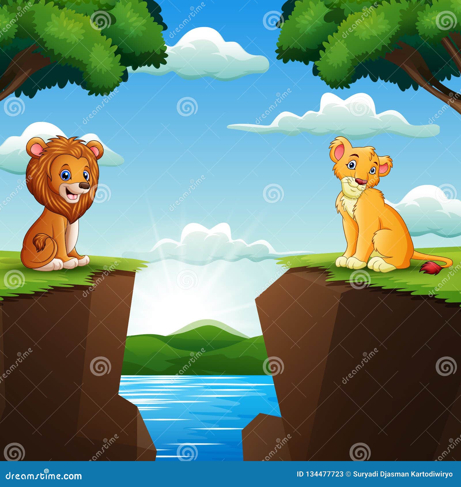 Cartoon Two Lion in Facing Cliffs with Nature Background Stock Vector ...