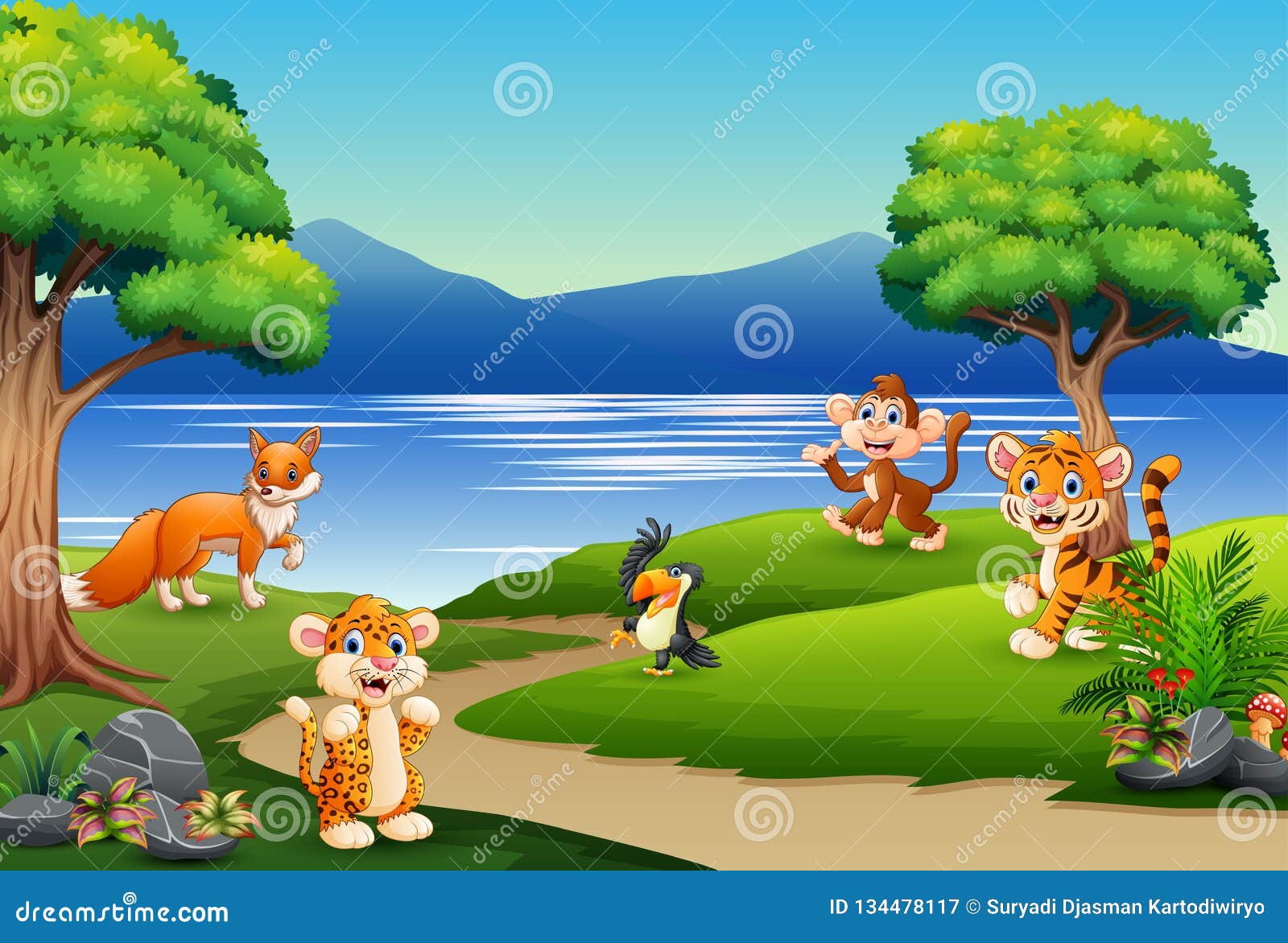 Happy Animals Cartoon on the Nature Scene Stock Vector - Illustration ...